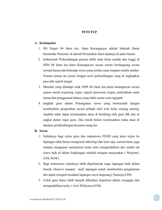 Laporan observasi Perkembangan Siswa Sekolah Dasar Negeri 04 Jaten kec.Jaten Karanganyar tahun ...