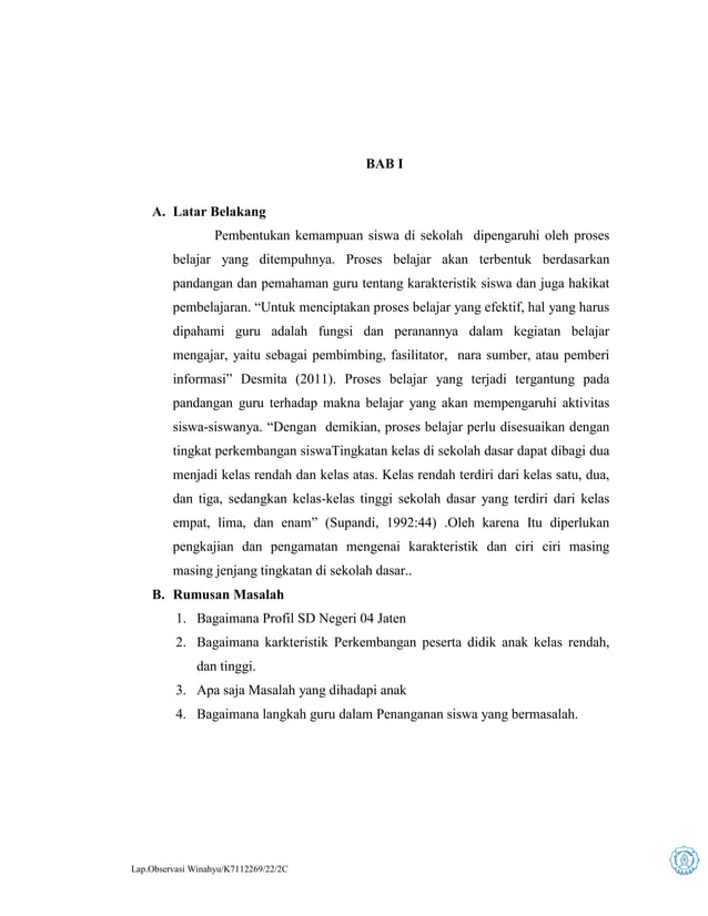 Laporan observasi Perkembangan Siswa Sekolah Dasar Negeri 04 Jaten kec.Jaten Karanganyar tahun ...