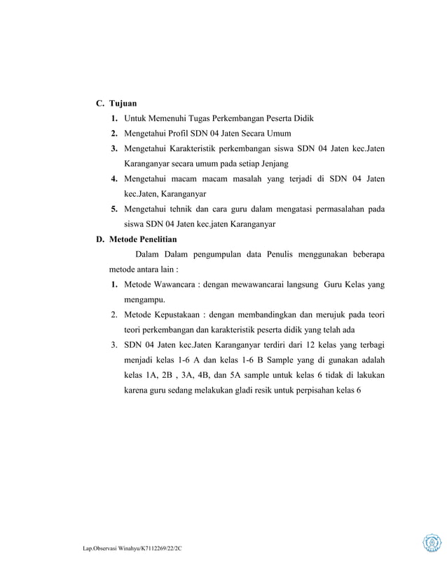Laporan observasi Perkembangan Siswa Sekolah Dasar Negeri 04 Jaten kec.Jaten Karanganyar tahun ...
