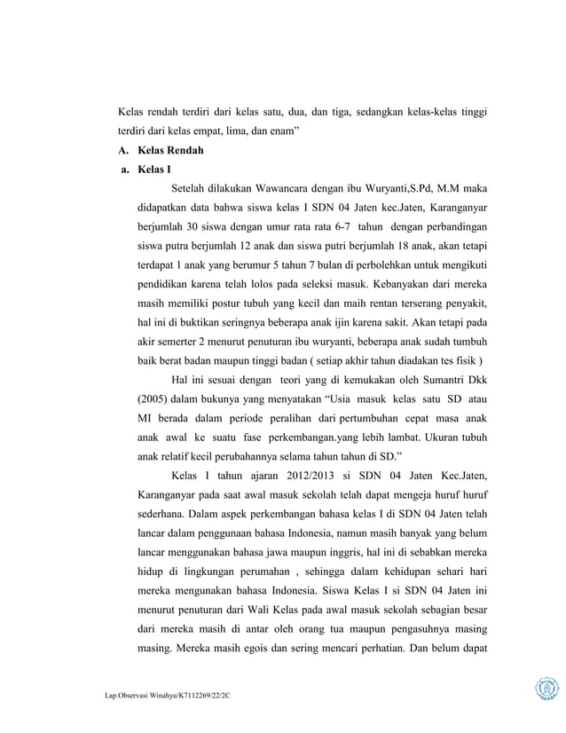 Laporan observasi Perkembangan Siswa Sekolah Dasar Negeri 04 Jaten kec.Jaten Karanganyar tahun ...