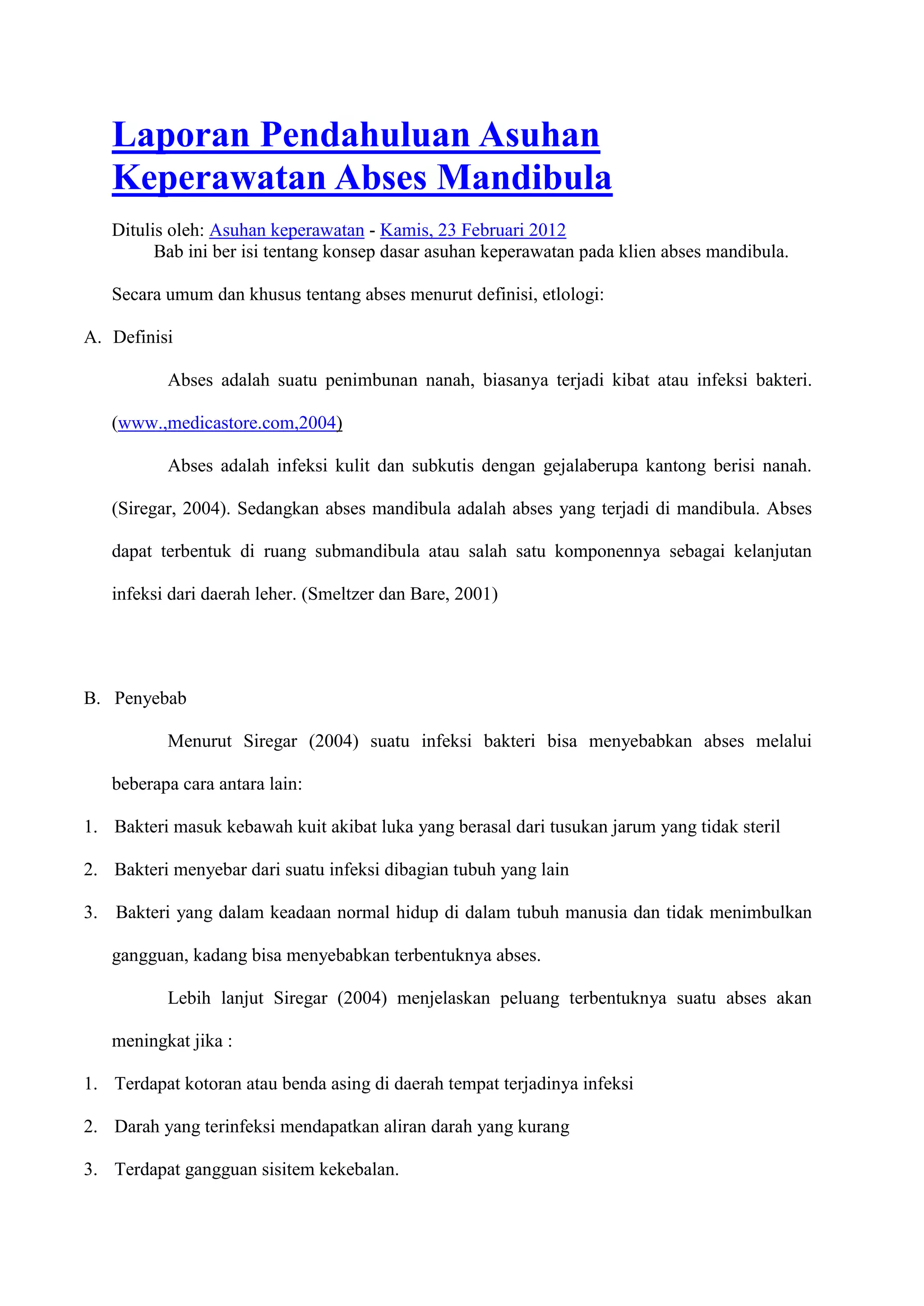 Laporan pendahuluan asuhan keperawatan abses mandibula | DOCX