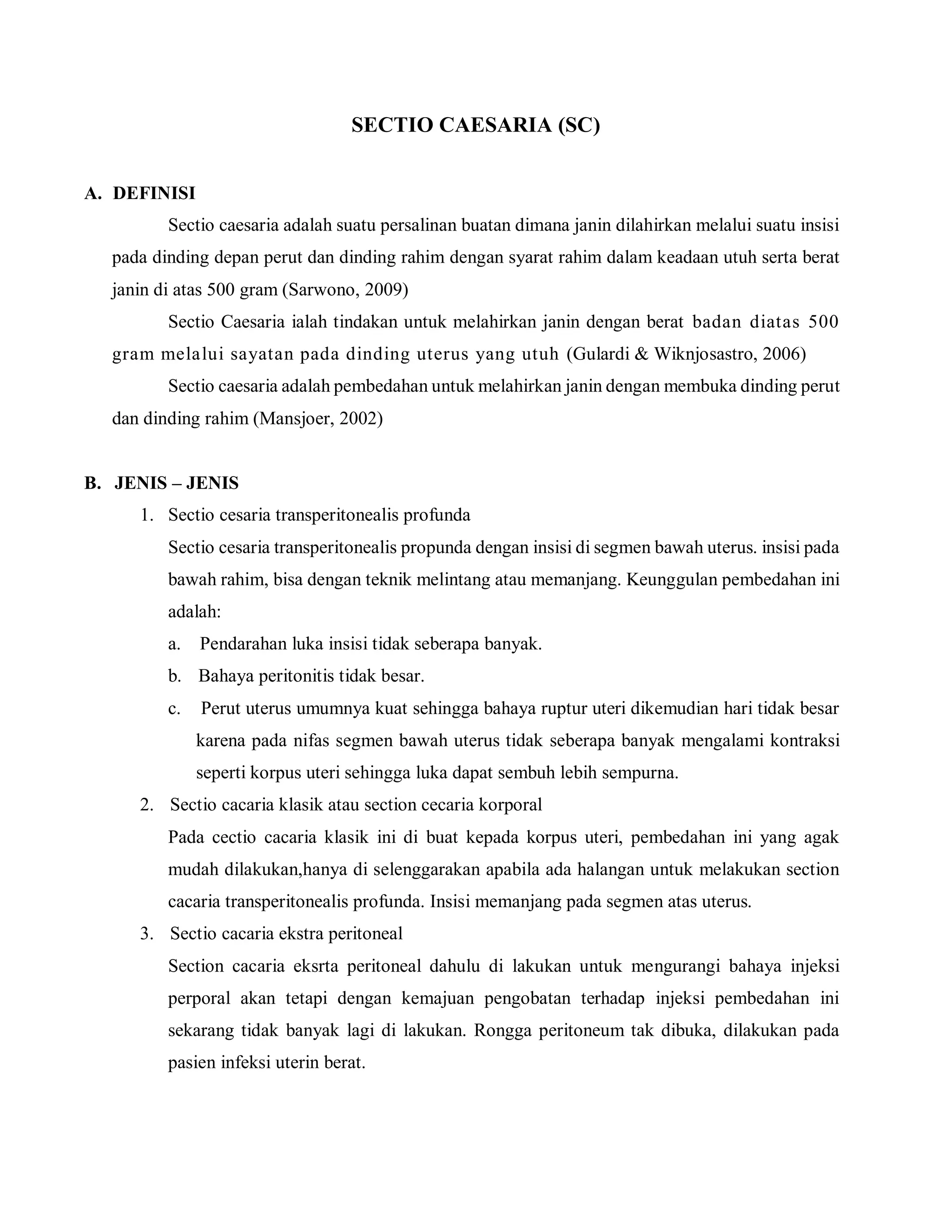 LAPORAN PENDAHULUAN SC (SECTIO CAESARIA) | PDF