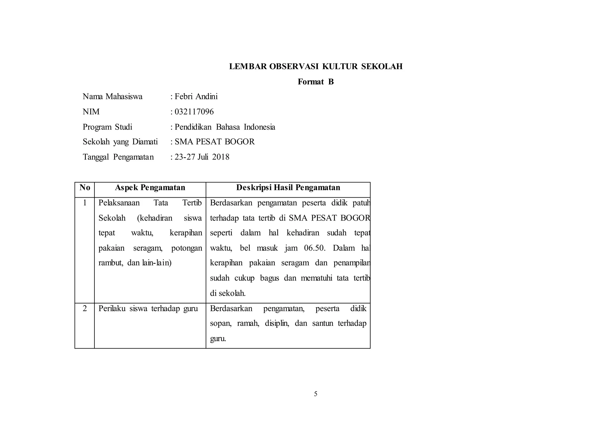 Laporan pengamatan | DOCX