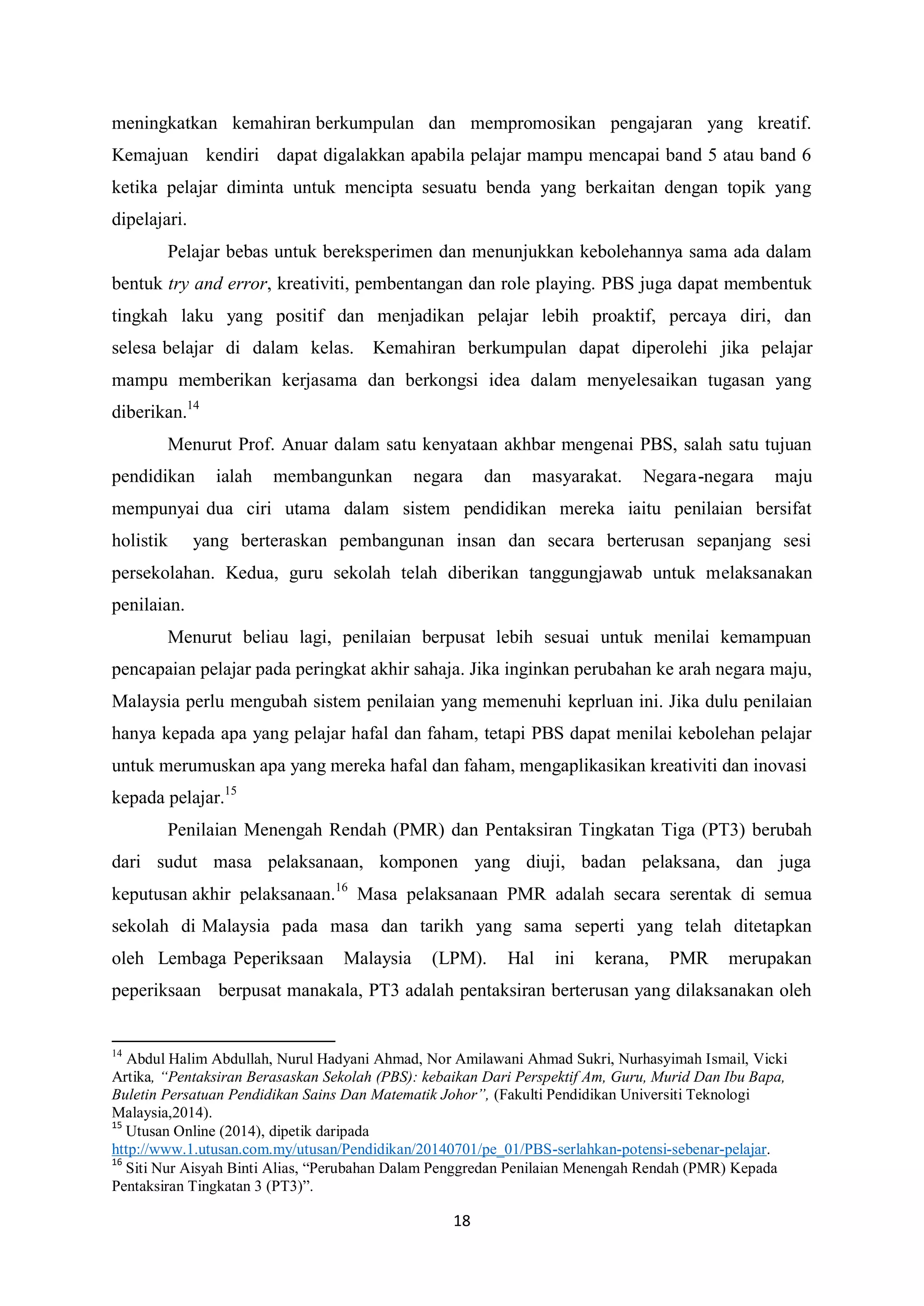 Laporan Temubual di Sekolah Berkenaan Sistem Penilaian dalam Pendidikan Islam dan Kelas ...