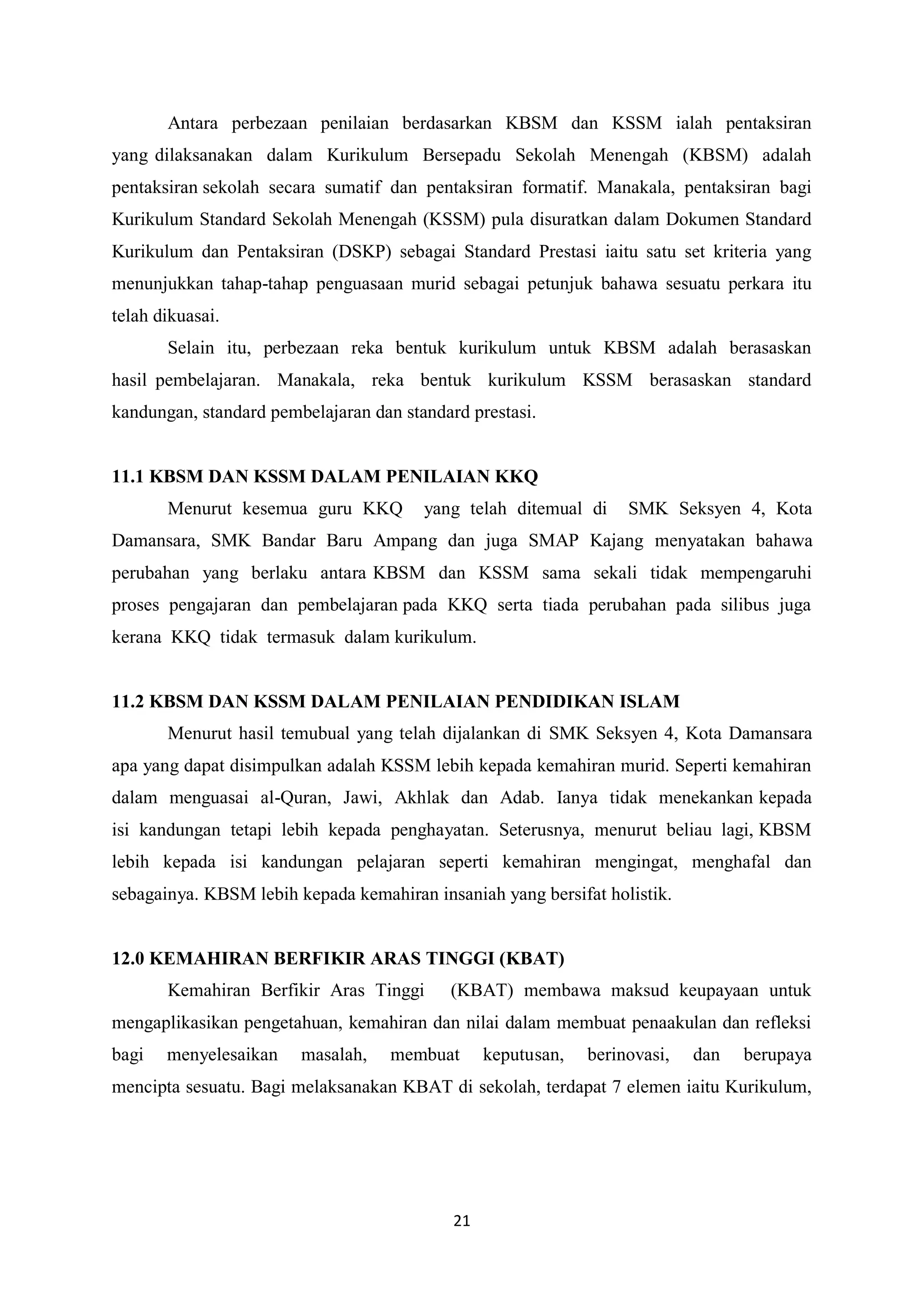 Laporan Temubual di Sekolah Berkenaan Sistem Penilaian dalam Pendidikan Islam dan Kelas ...