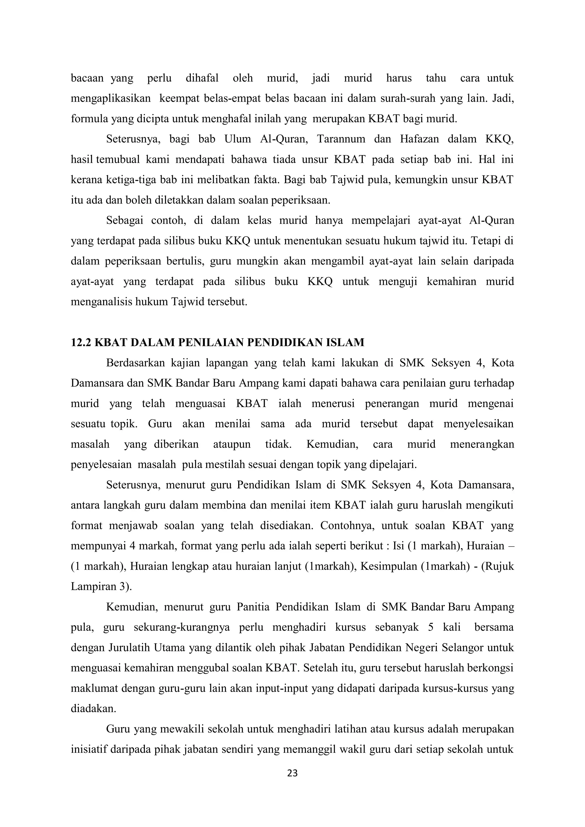 Laporan Temubual di Sekolah Berkenaan Sistem Penilaian dalam Pendidikan Islam dan Kelas ...