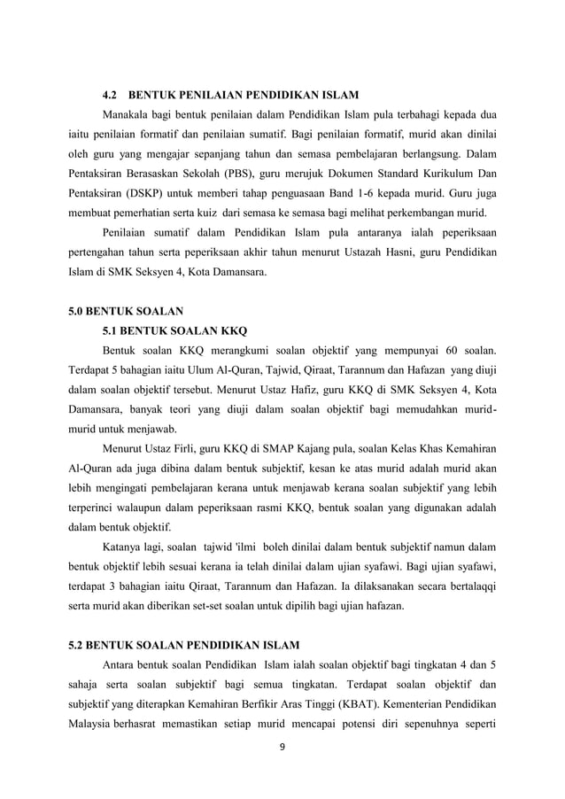 Laporan Temubual di Sekolah Berkenaan Sistem Penilaian dalam Pendidikan Islam dan Kelas ...