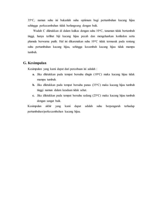 Laporan percobaan pengaruh suhu terhadap pertumbuhan biji kacang hijau Laporan percobaan pengaruh suhu terhadap pertumbuhan biji kacang hijau