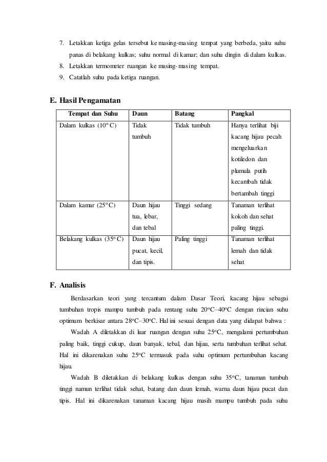 Contoh Laporan Biologi Pengaruh Suhu Terhadap Pertumbuhan Kacang Hijau