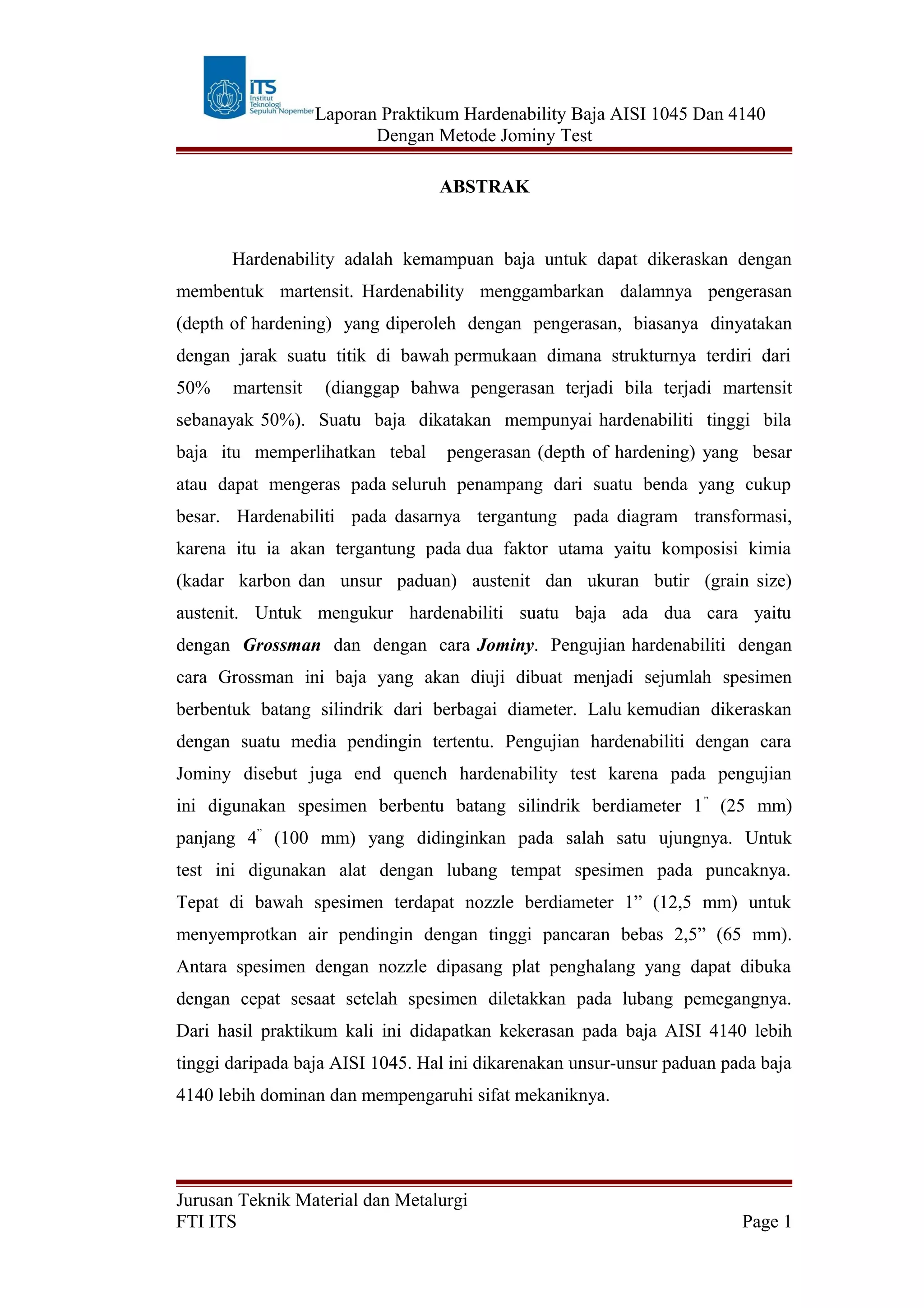 Laporan Praktikum Perlakuan Panas (Jominy Test) | DOC