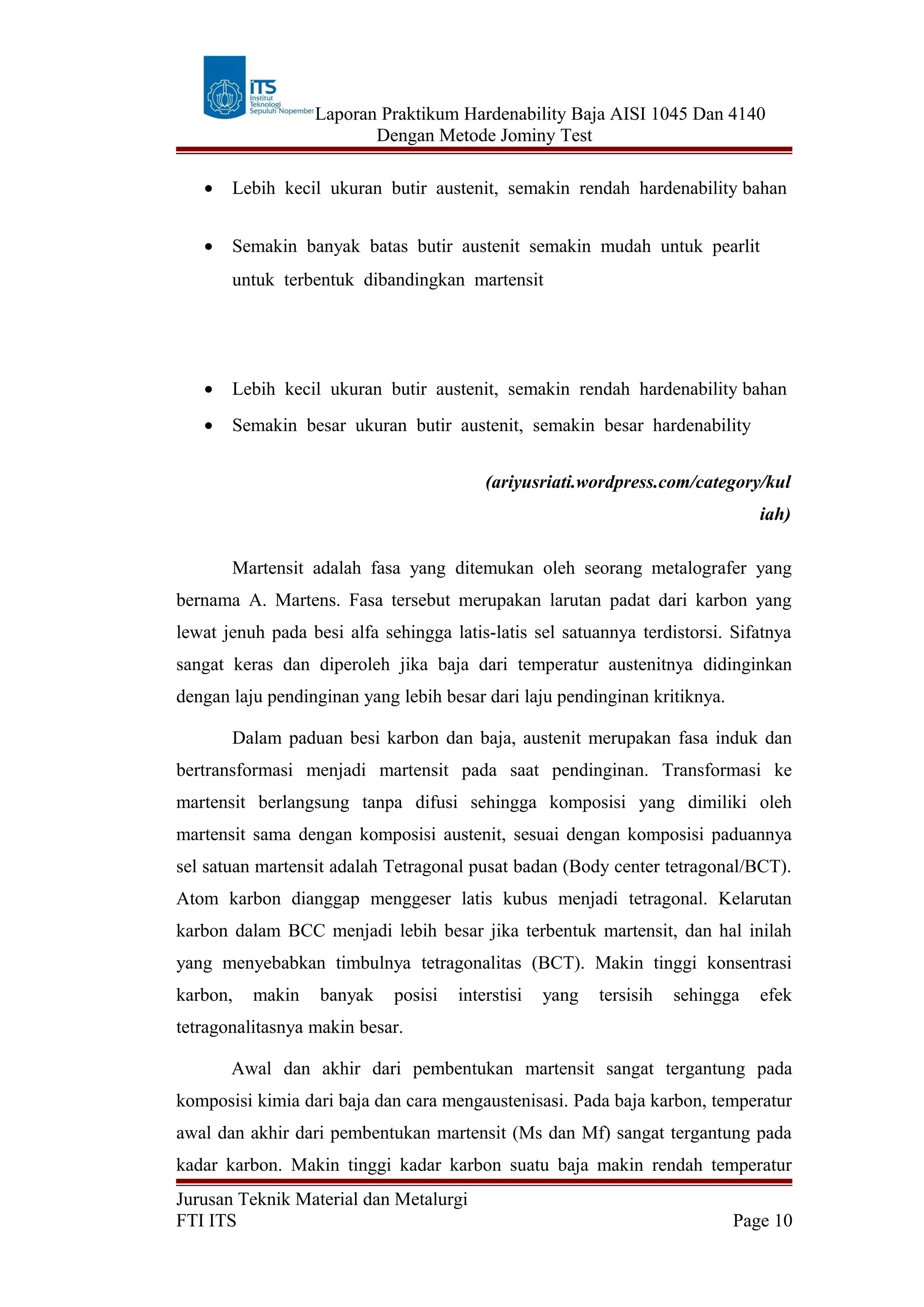Laporan Praktikum Perlakuan Panas (Jominy Test) | DOC