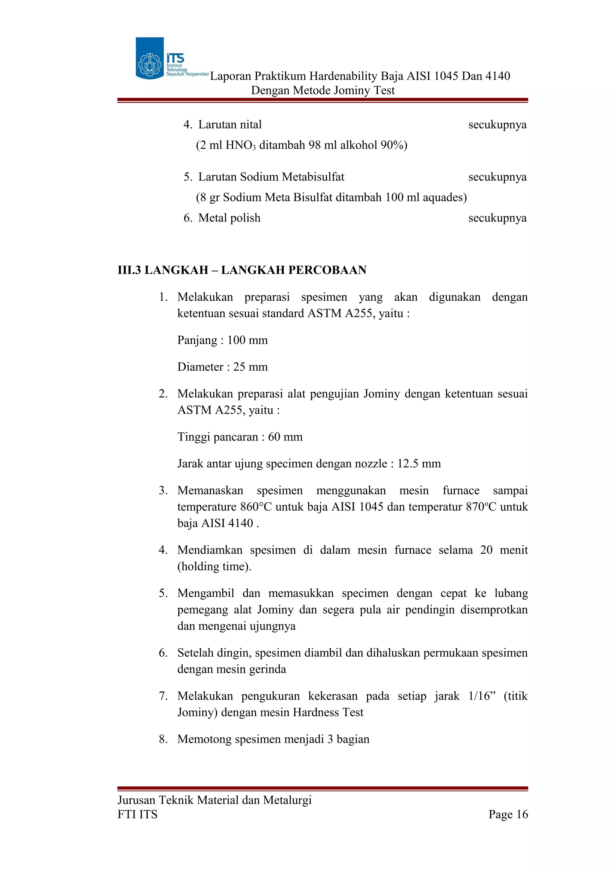 Laporan Praktikum Perlakuan Panas (Jominy Test) | DOC