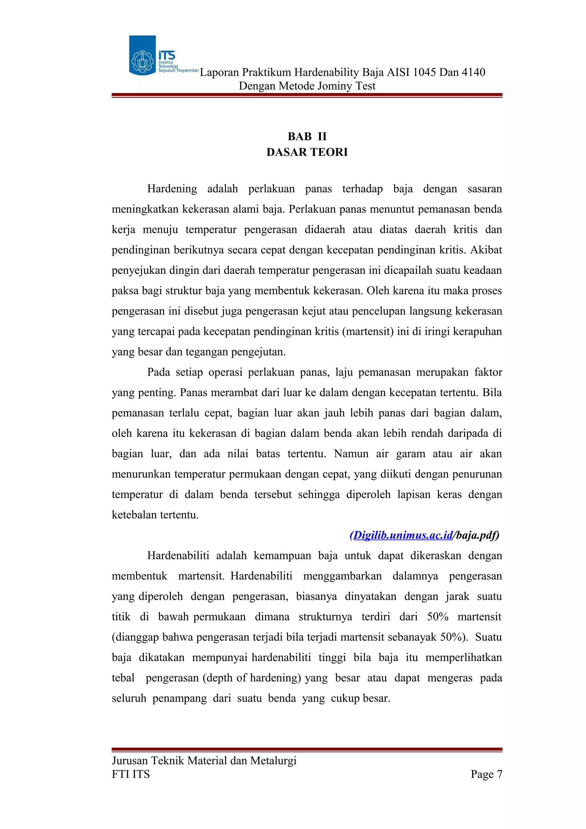 Laporan Praktikum Perlakuan Panas (Jominy Test) | DOC