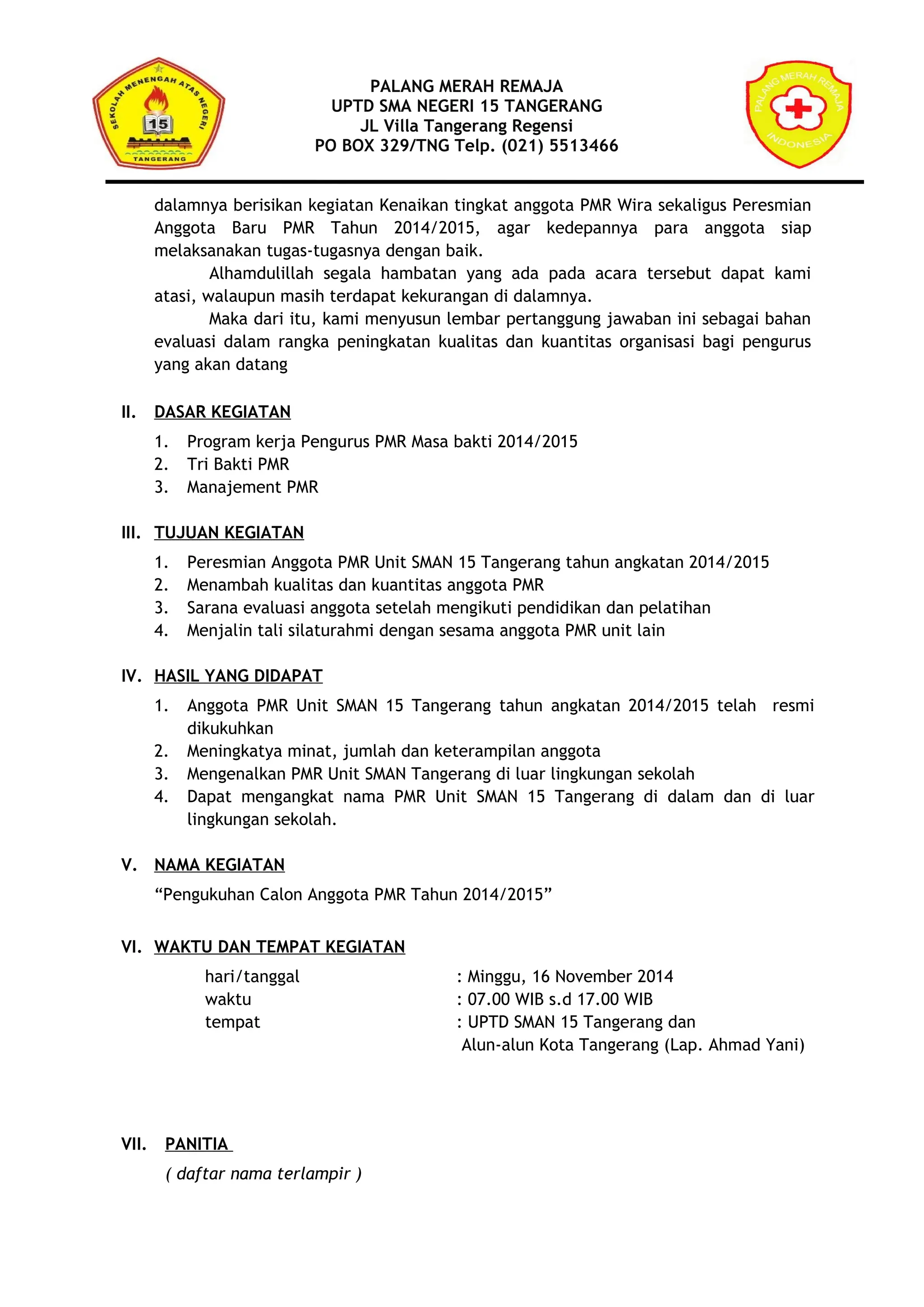 PMR SMA Negeri 15 Tangerang - Laporan Pertanggung Jawaban Pengukuhan ...