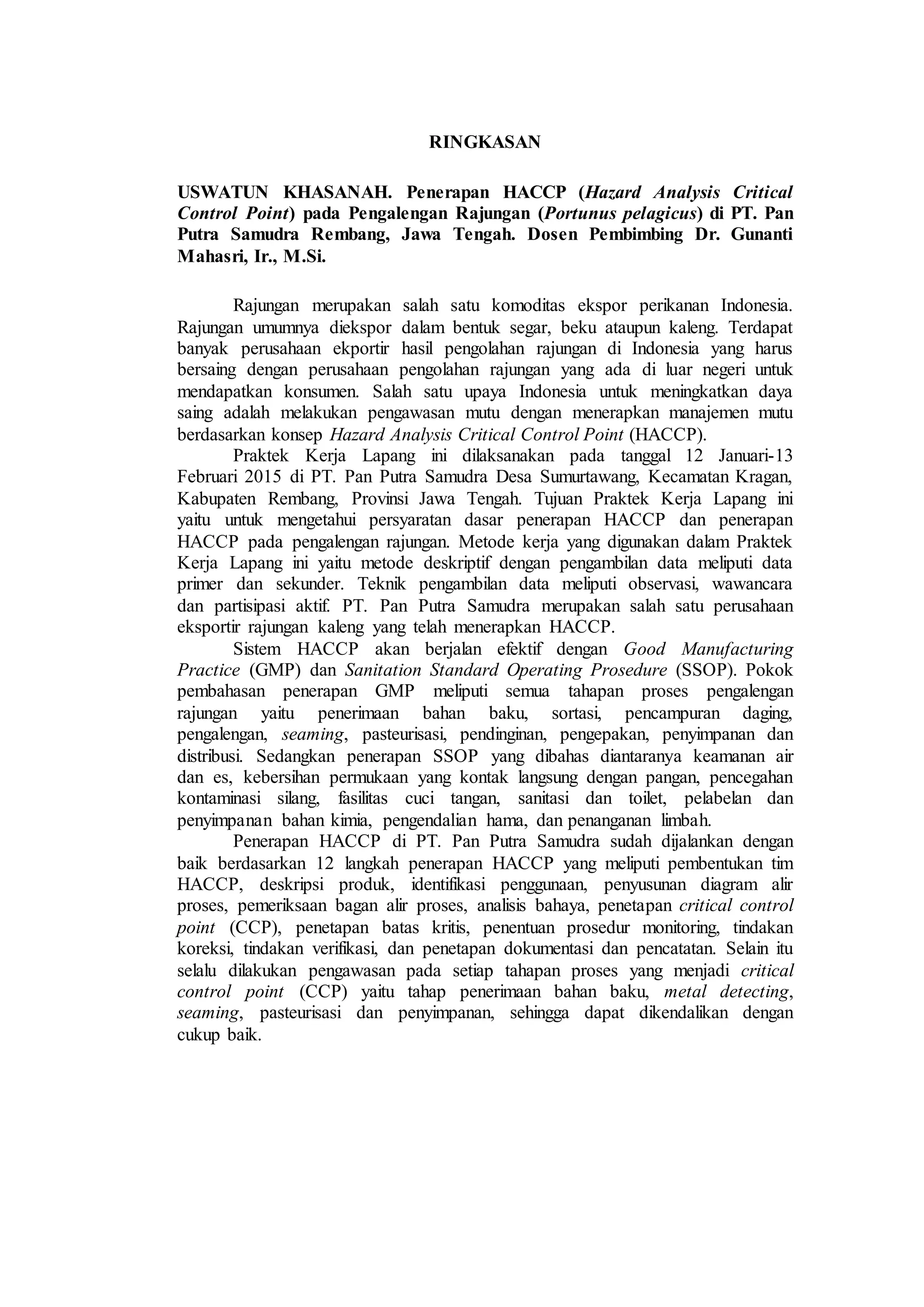 Penerapan HACCP pada pengalengan rajungan di PT. PAN PUTRA SAMUDARA ...