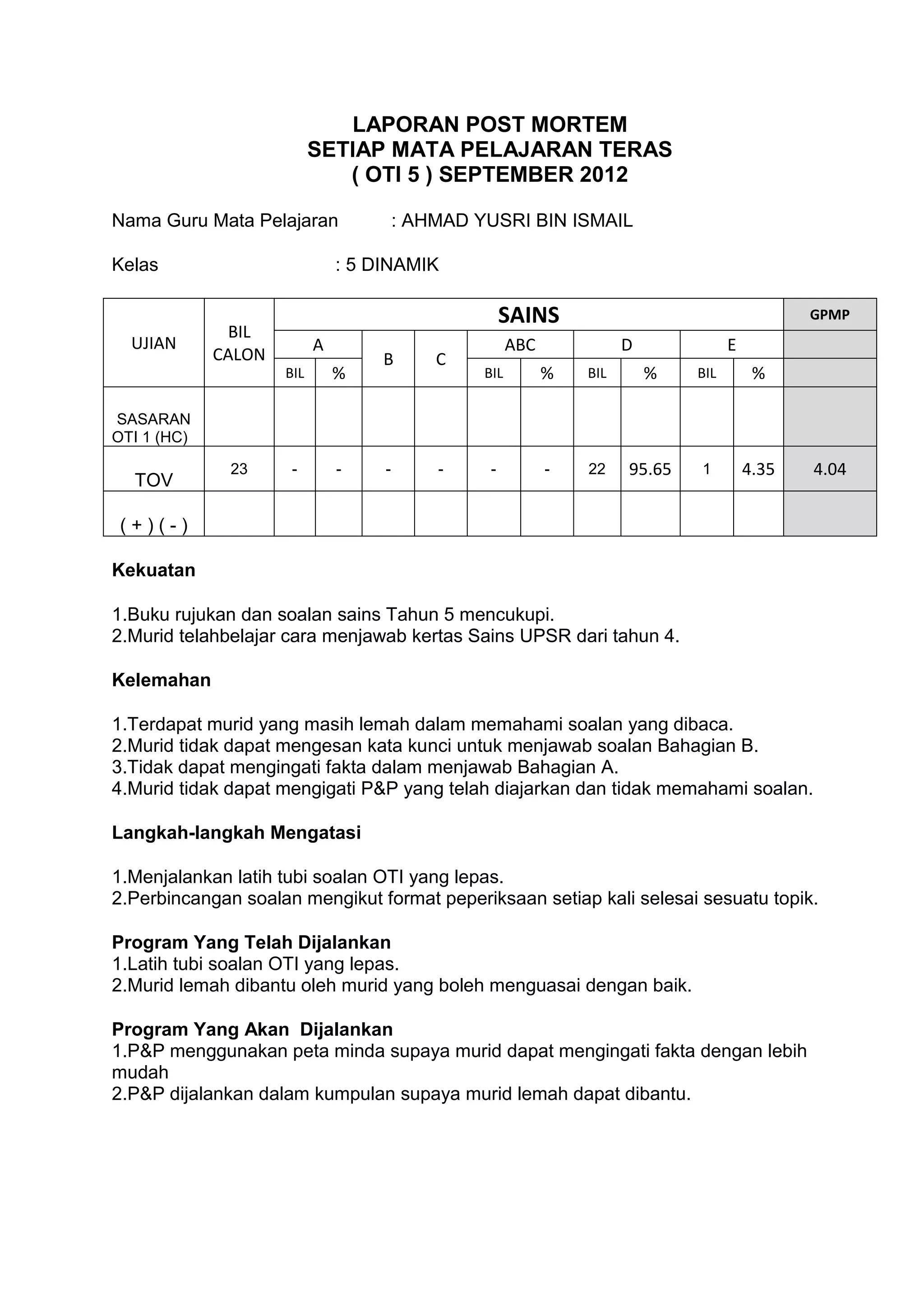 Laporan post mortem 5 d september 2012 | DOCX