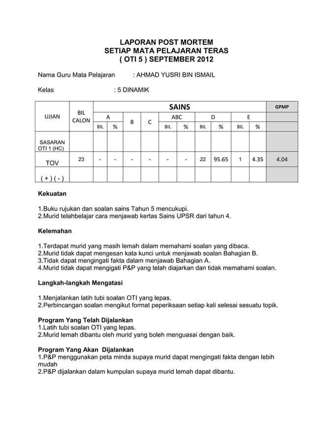 Laporan post mortem 5 d september 2012 | DOCX
