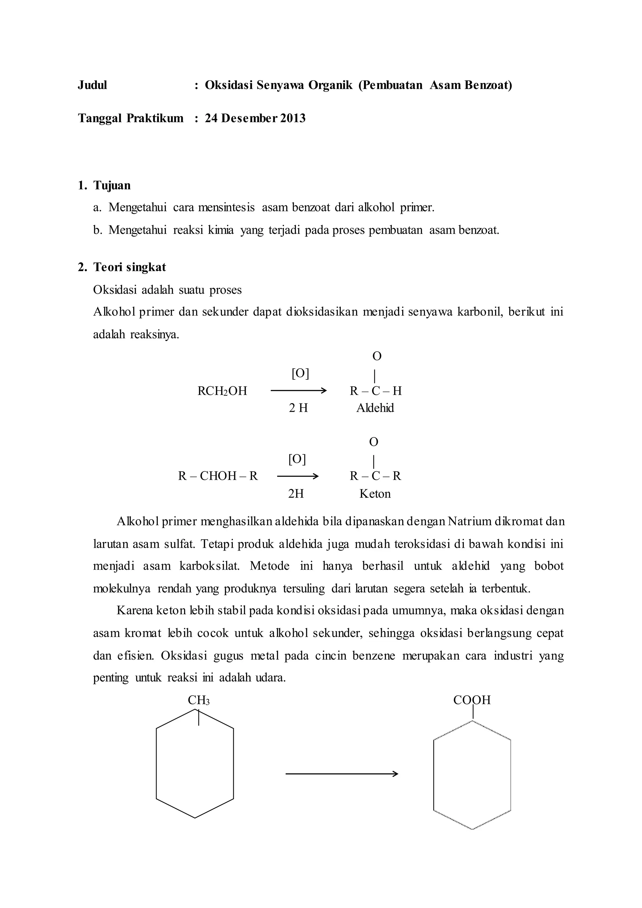 Laporan praktikum - pembuatan asam benzoat | DOCX