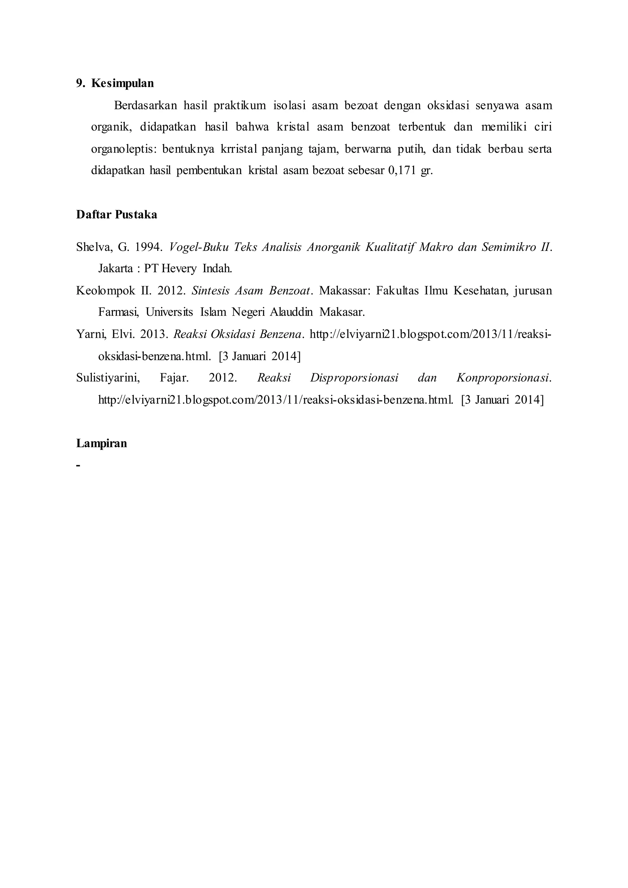 Laporan praktikum - pembuatan asam benzoat | DOCX