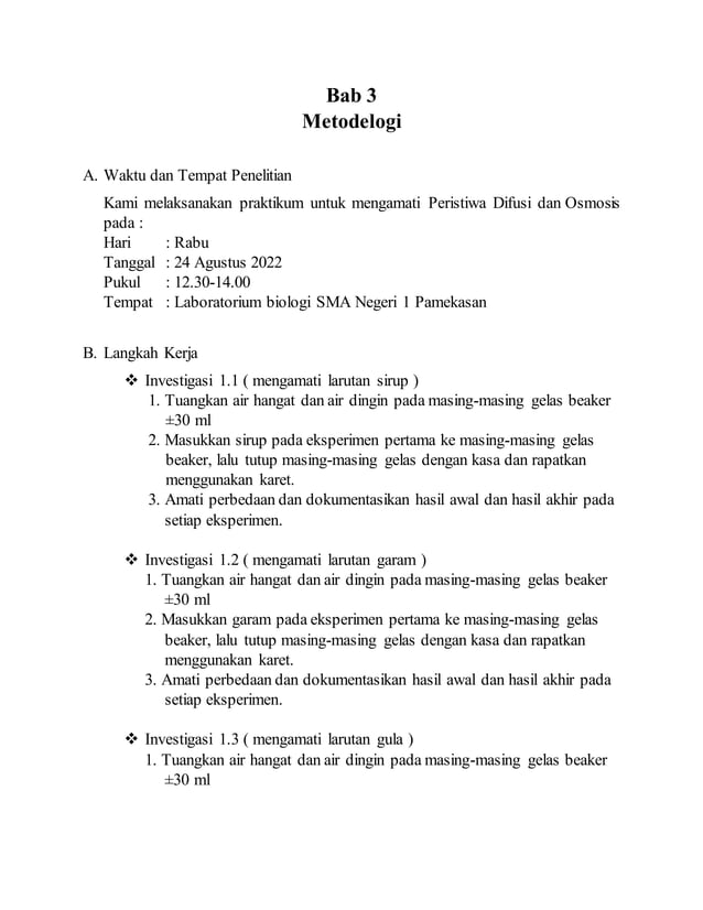 'LAPORAN PRAKTIKUM BIOLOGI (DIFUSI & OSMOSIS) | DOCX