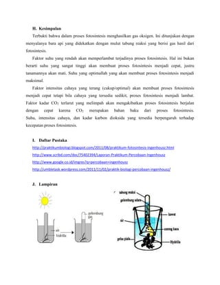 Laporan praktikum biologi Percobaan Ingenhousz | DOCX
