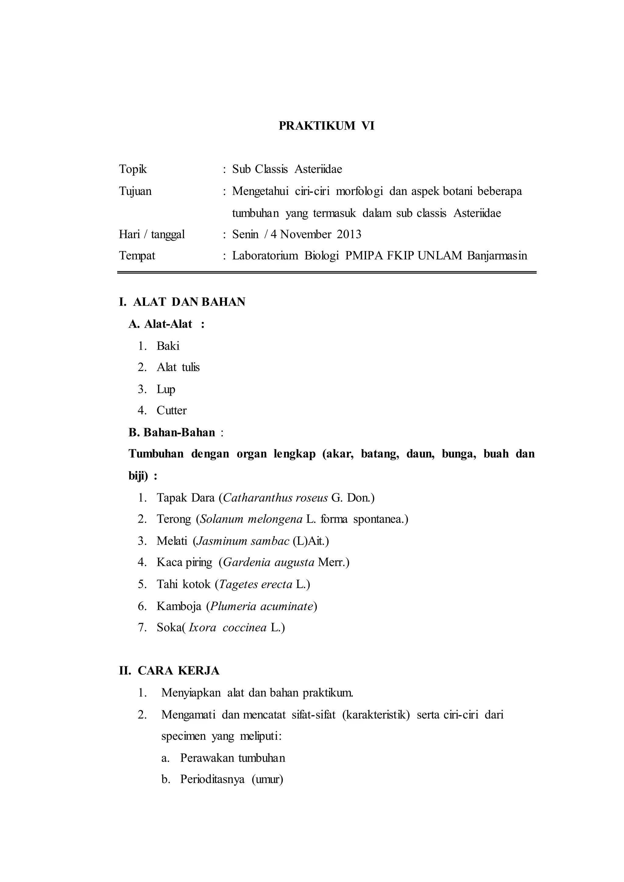 Laporan praktikum botani tumbuhan tinggi 6 sub classis asteriidae | DOCX