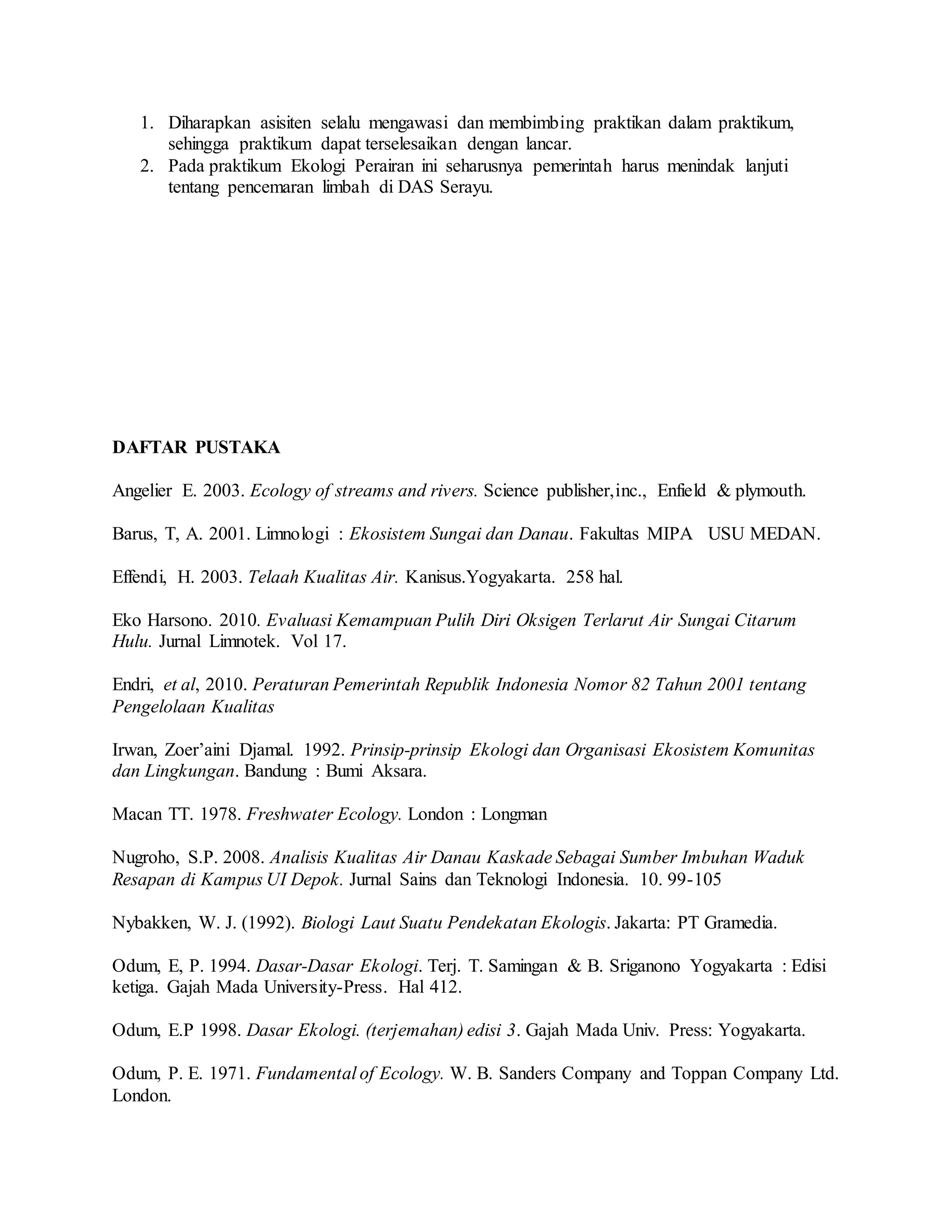 Laporan praktikum ekologi perairan kondisi fisikokimia ekosistem sungai | DOCX