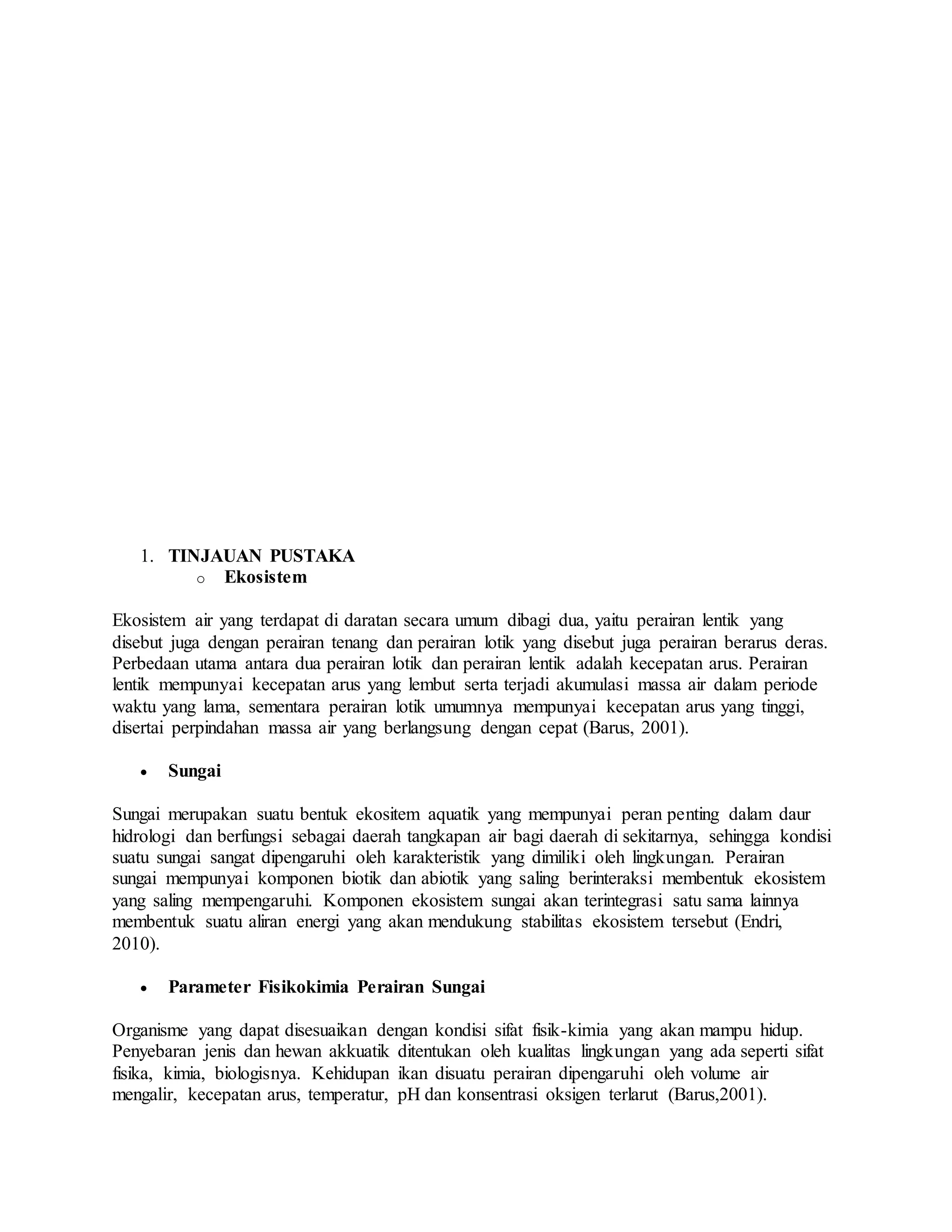 Laporan praktikum ekologi perairan kondisi fisikokimia ekosistem sungai | DOCX