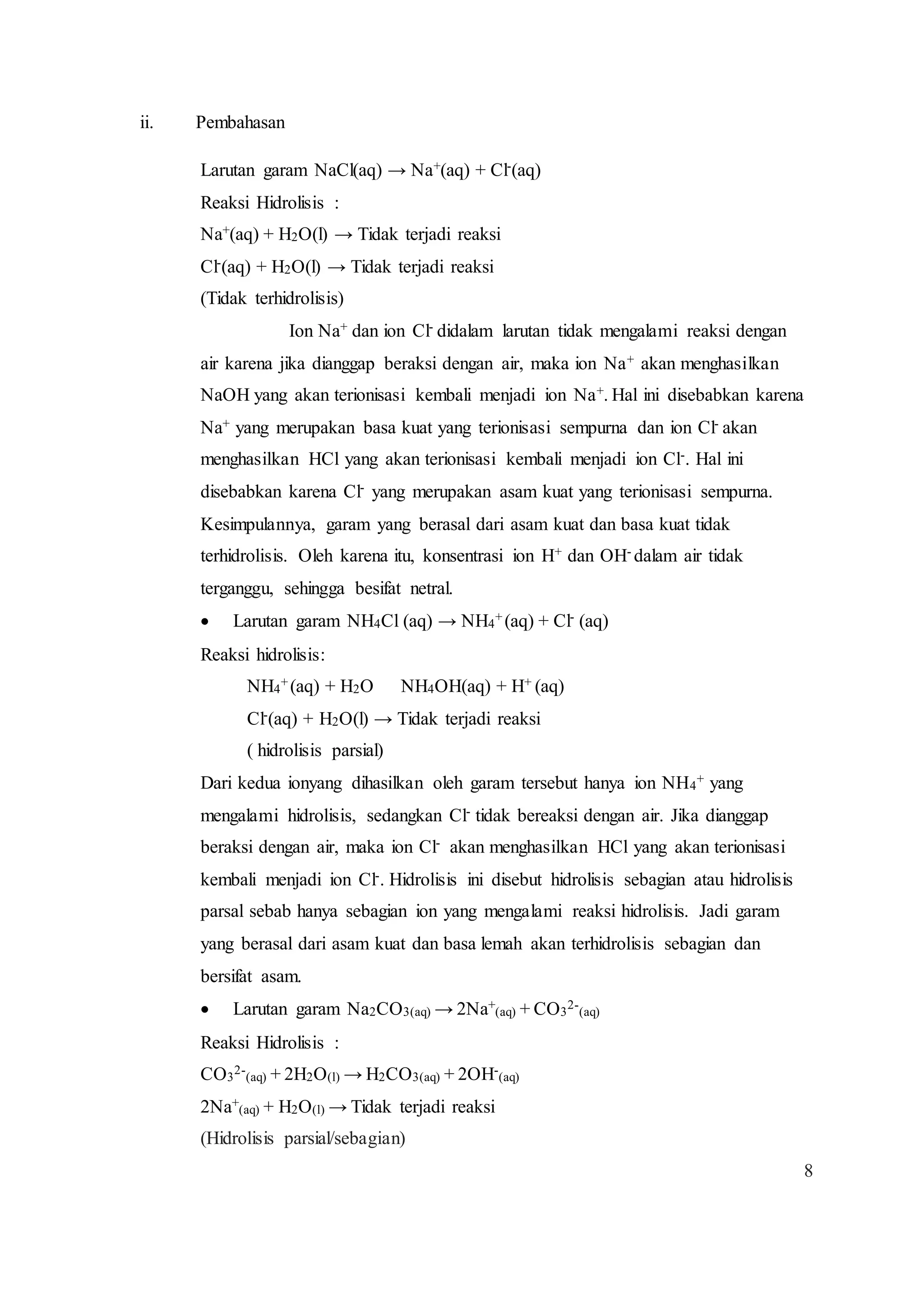 Laporan praktikum hidrolisis garam kelas XI kimia | DOCX