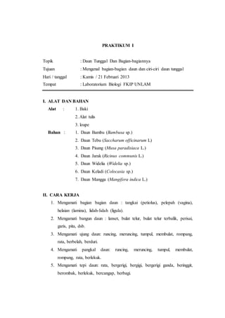 Laporan praktikum 1 daun tunggal dan bagian bagiannya | DOCX