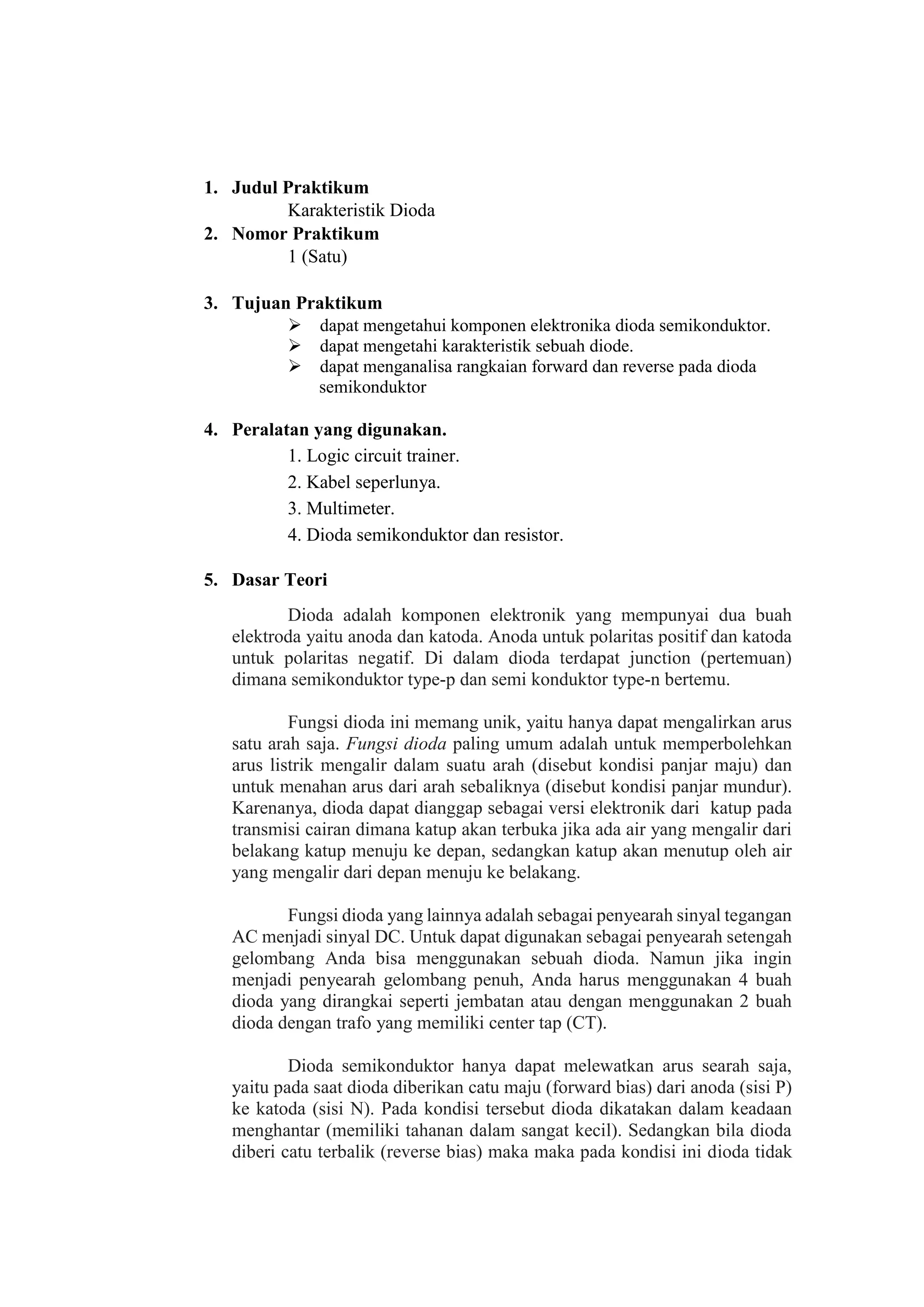 Laporan praktikum karakteristik dioda | PDF