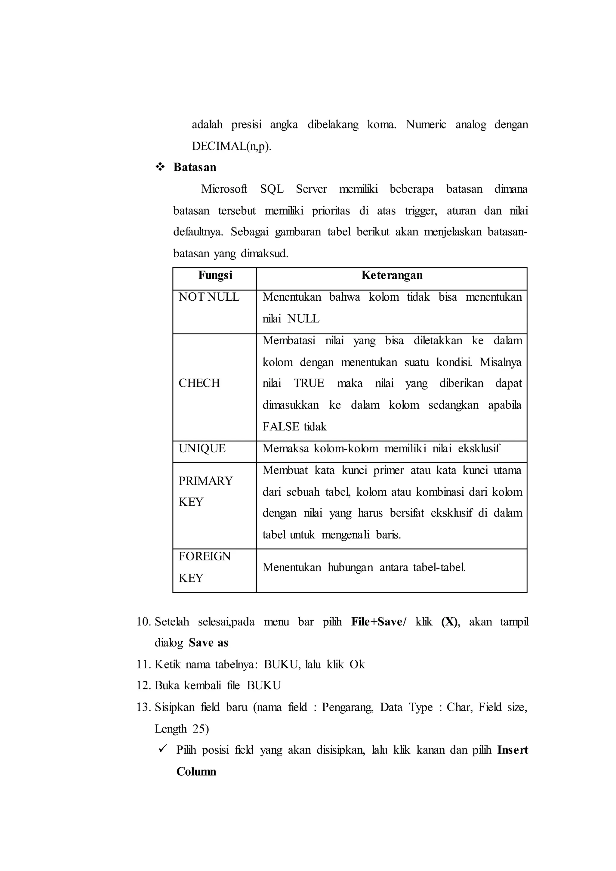 Laporan praktikum modul 2 (membuat table, primary key,foreign key menggunakan transcact sql) | DOCX