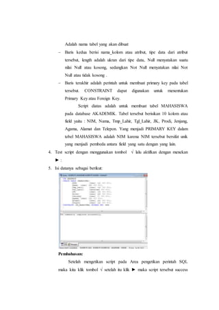 Laporan praktikum modul 2 (membuat table, primary key,foreign key menggunakan transcact sql) | DOCX