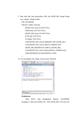 Laporan praktikum modul 2 (membuat table, primary key,foreign key menggunakan transcact sql) | PDF