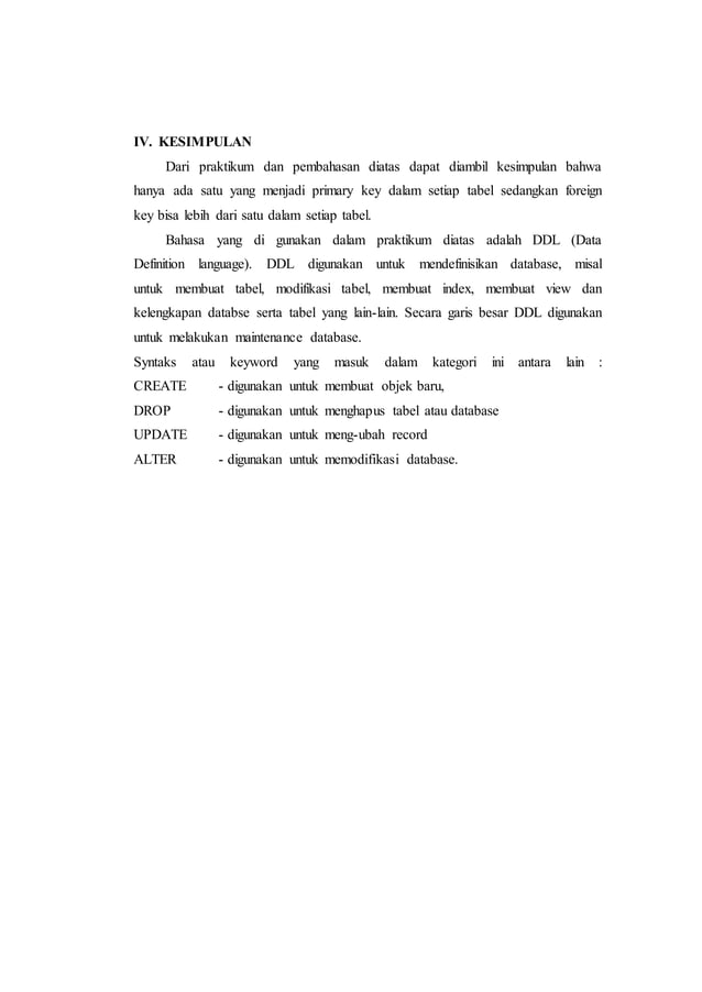 Laporan praktikum modul 2 (membuat table, primary key,foreign key menggunakan transcact sql) | PDF