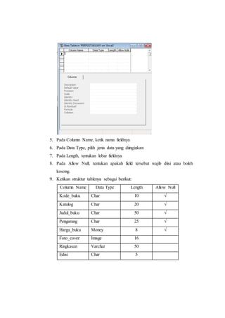 Laporan praktikum modul 2 (membuat table, primary key,foreign key menggunakan transcact sql) | DOCX