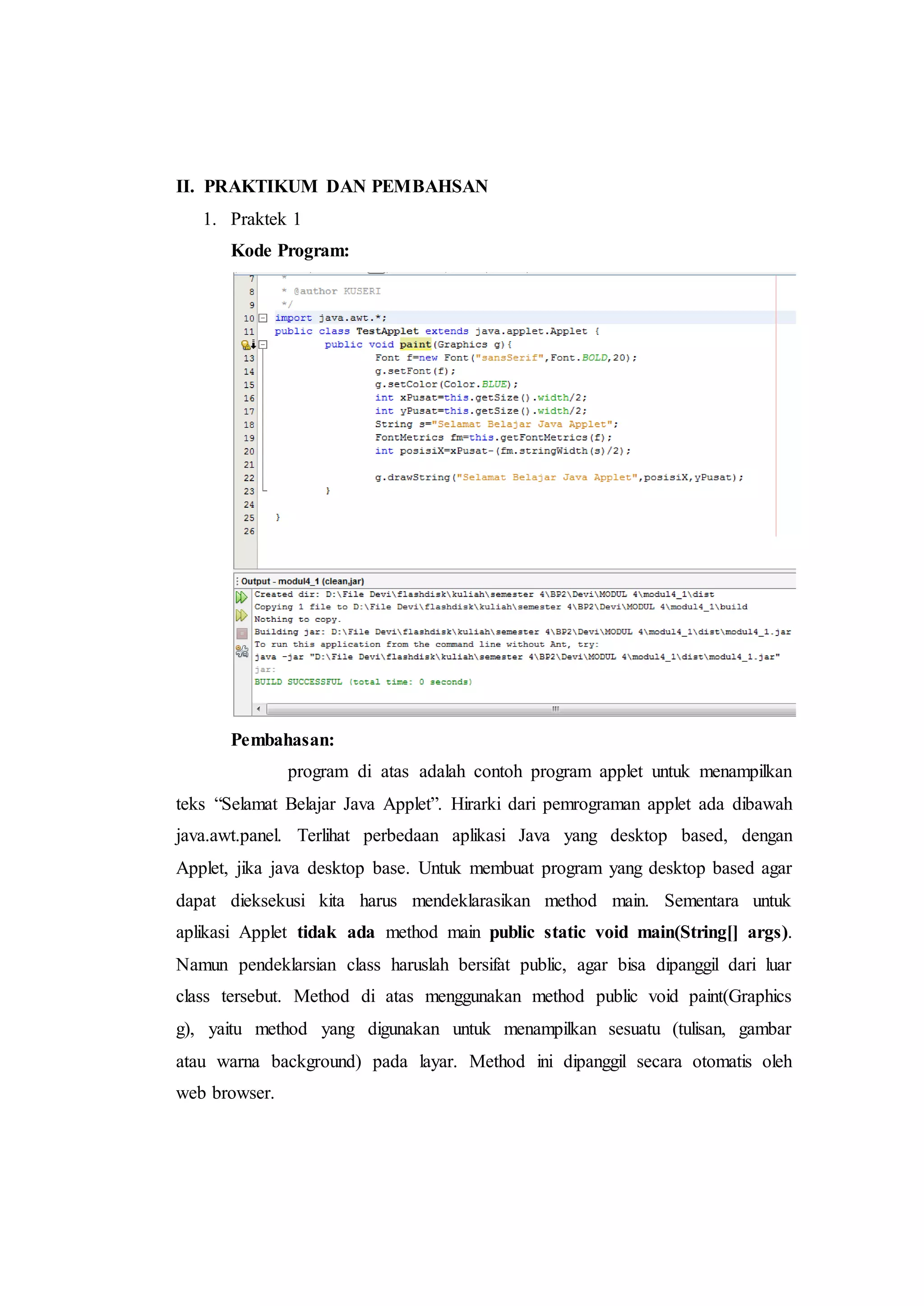 Laporan praktikum modul 4 (pemrograman applet) | DOCX