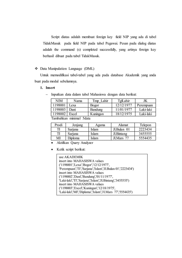 Laporan praktikum modul 9 (review ddl dan dml) | PDF