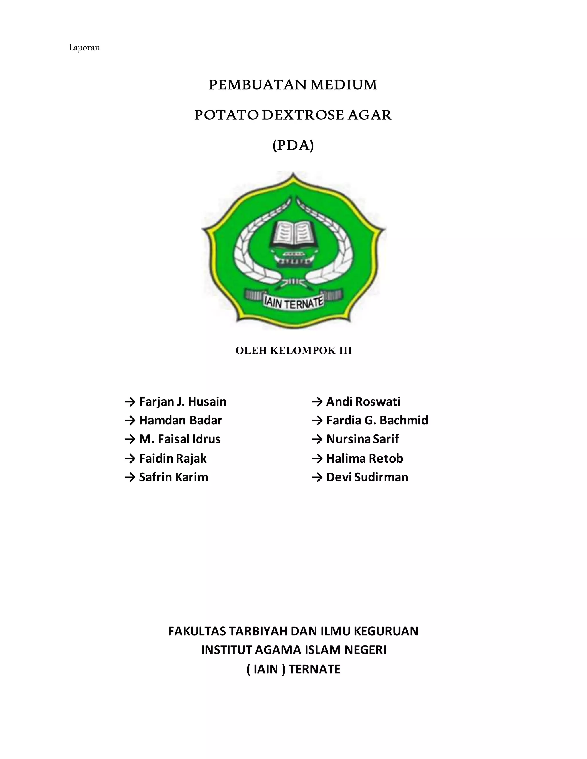 Laporan praktikum pembuatan medium pda | DOCX