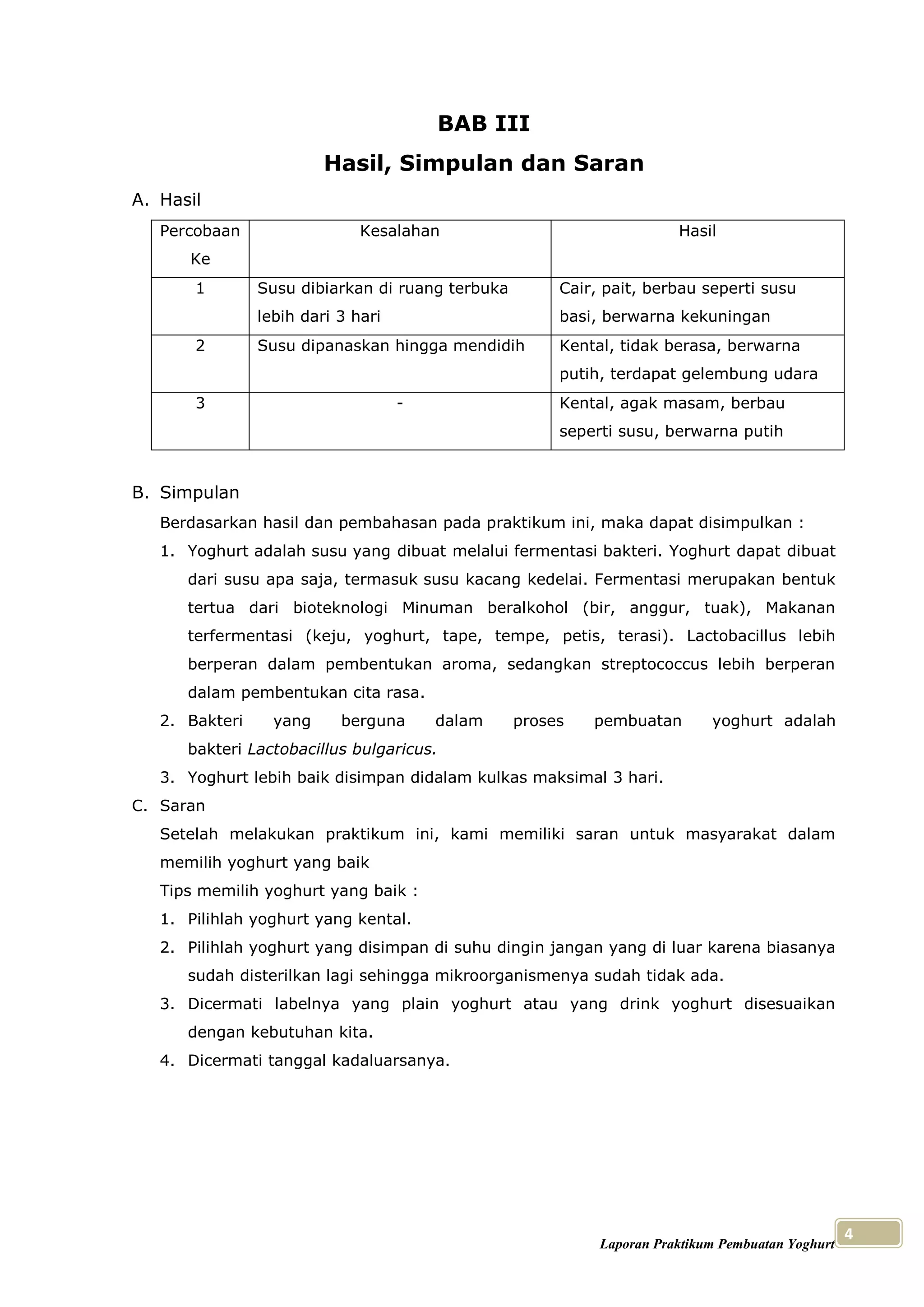 Laporan praktikum pembuatan yoghurt | DOCX