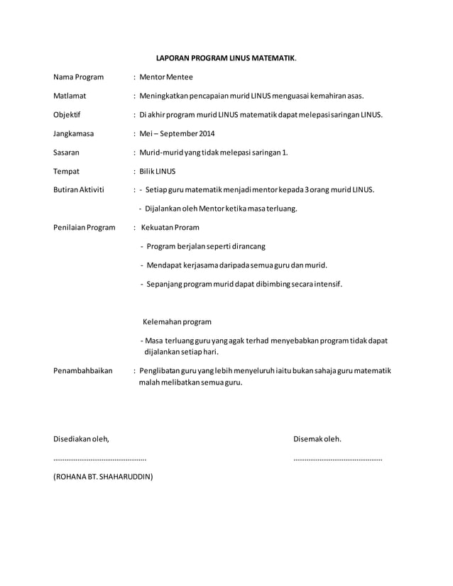 Laporan program linus matematik | DOCX