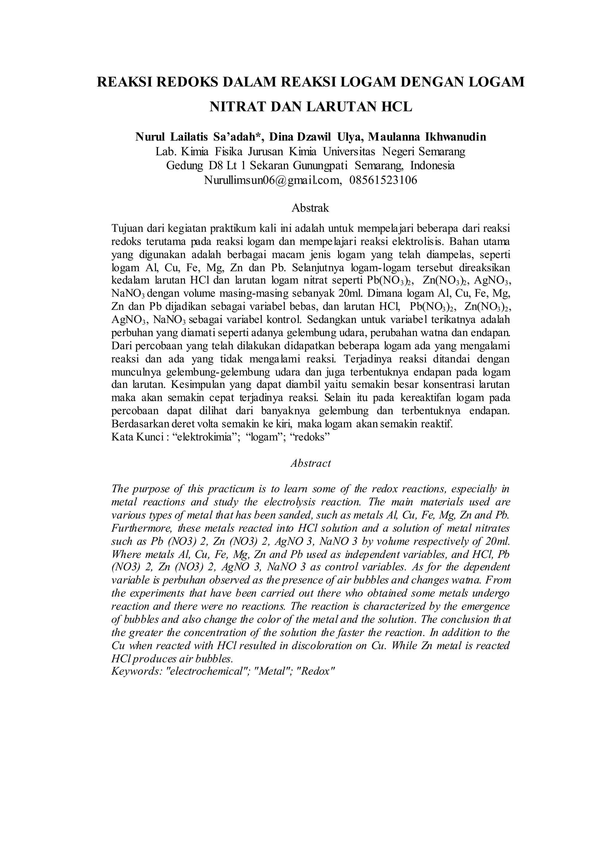 Jurnal reaksi redoks | DOCX