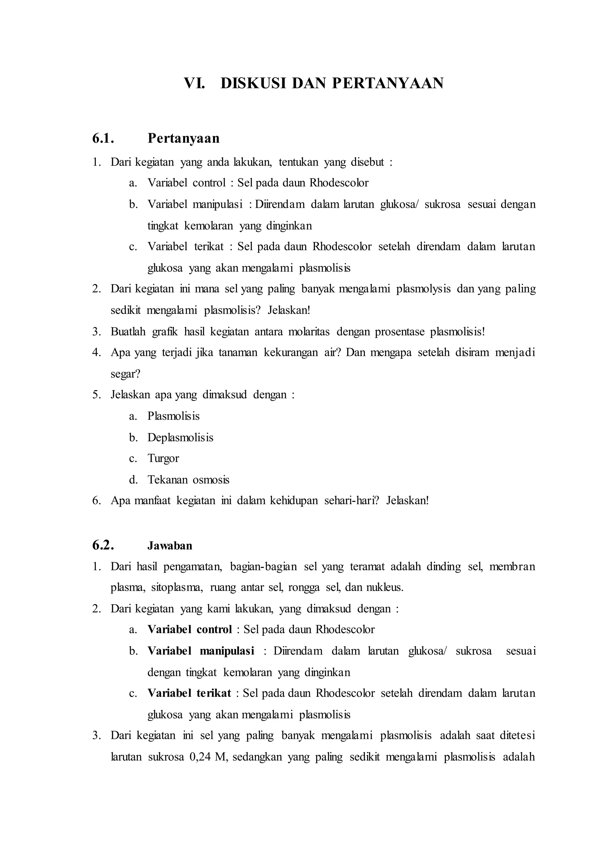 Laporan Resmi Praktikum Biologi Peristiwa Plamolisis dan Deplasmolisis | DOCX