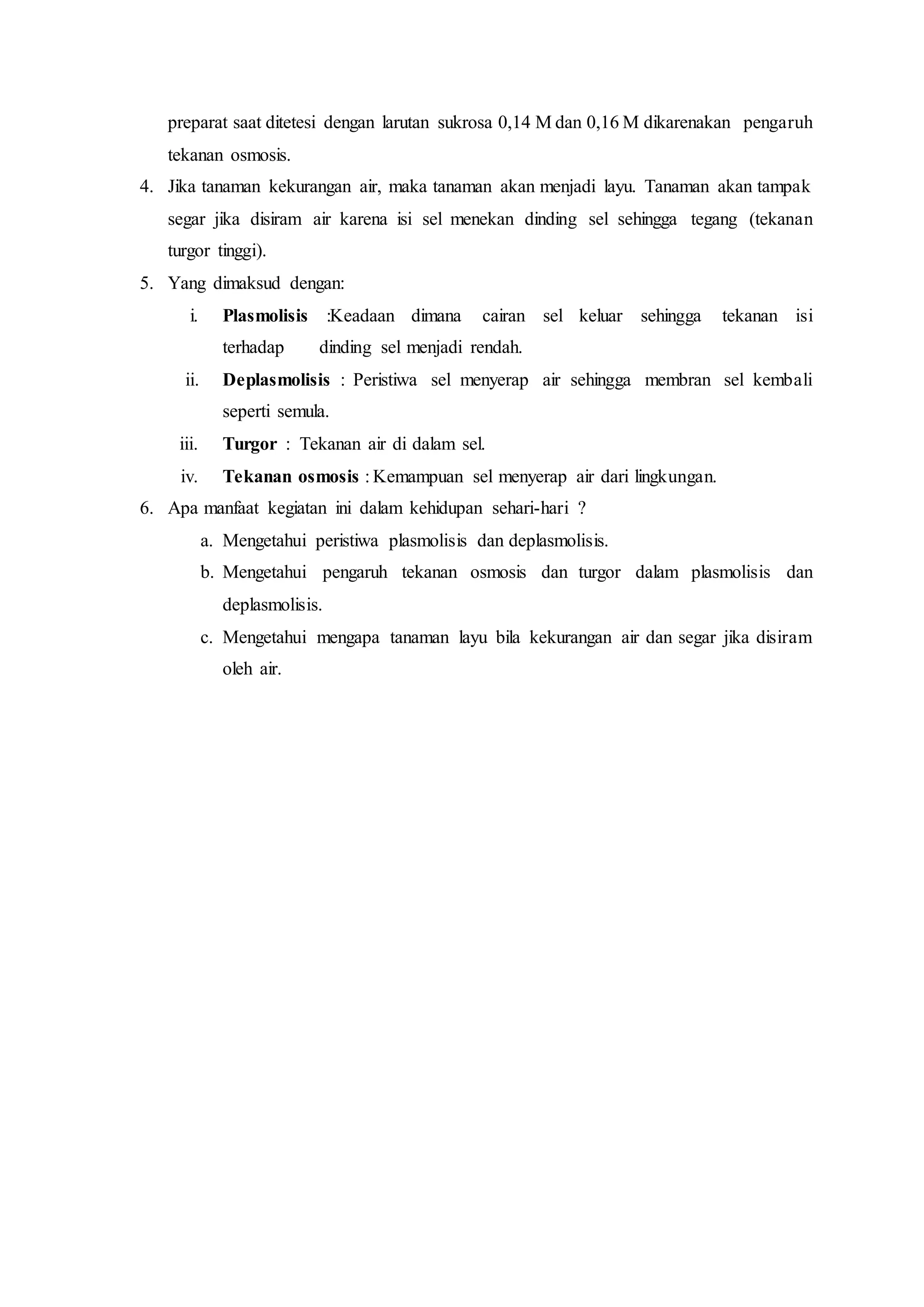 Laporan Resmi Praktikum Biologi Peristiwa Plamolisis dan Deplasmolisis | DOCX