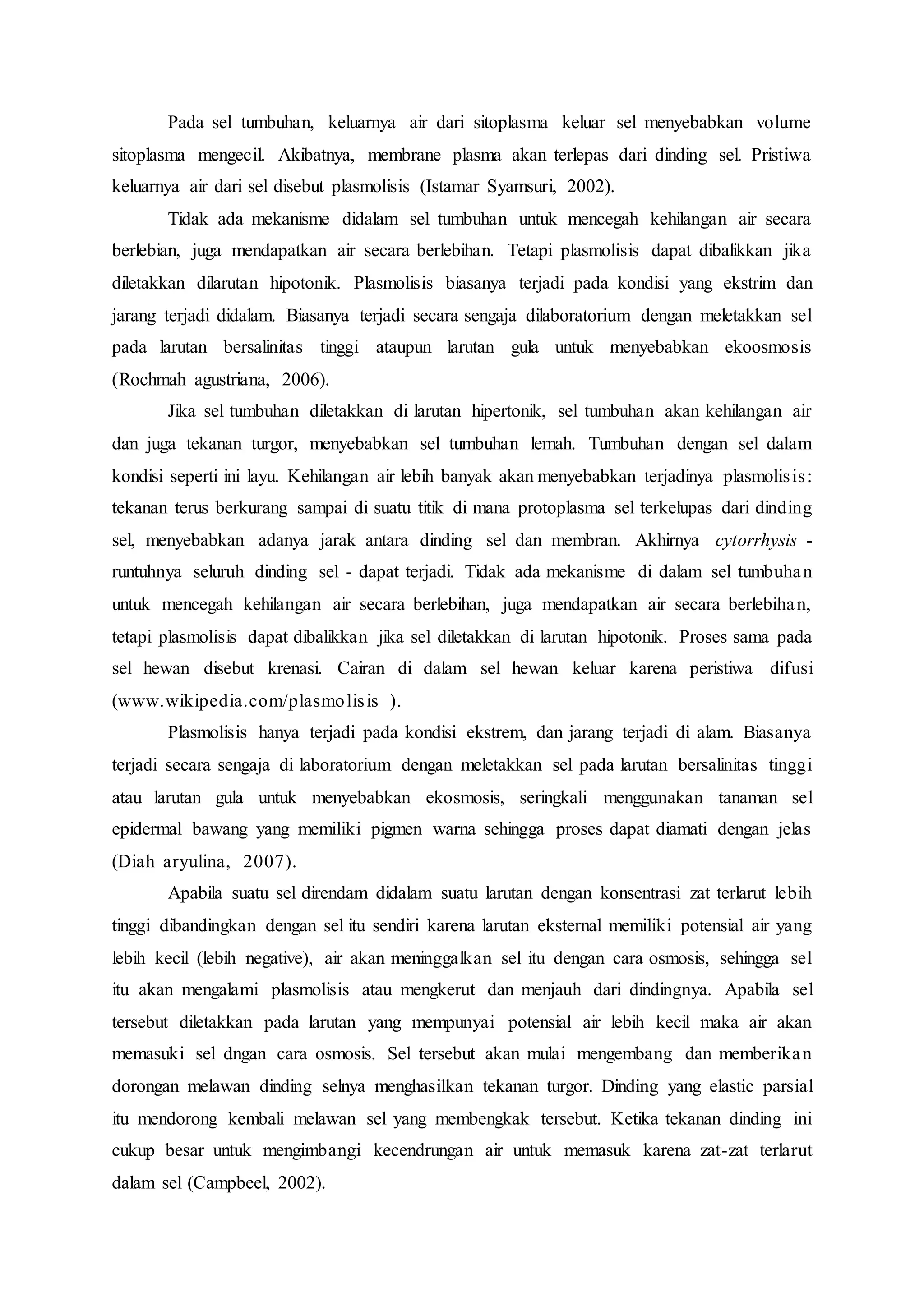 Laporan Resmi Praktikum Biologi Peristiwa Plamolisis dan Deplasmolisis | DOCX