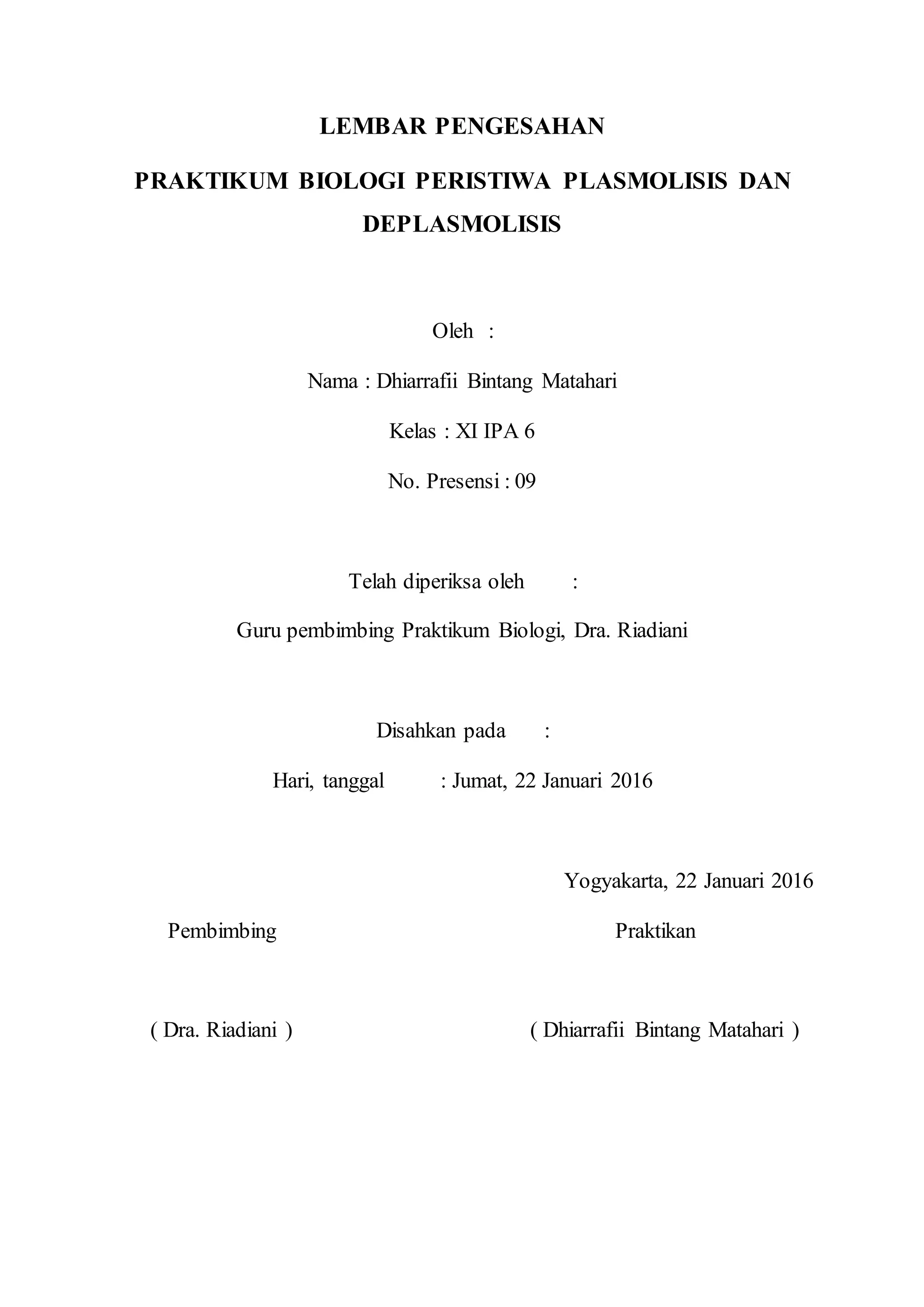 Laporan Resmi Praktikum Biologi Peristiwa Plamolisis dan Deplasmolisis | DOCX