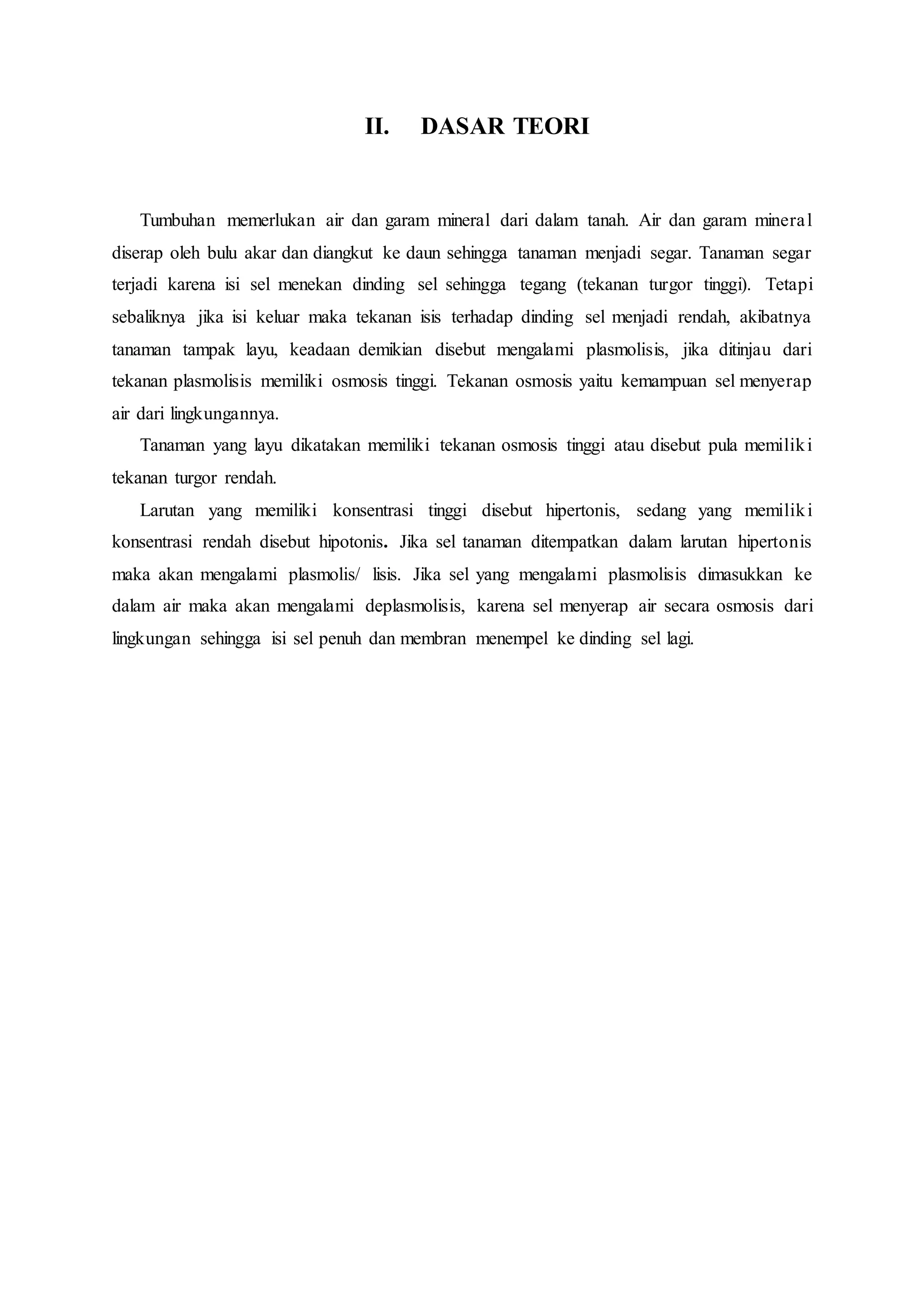 Laporan Resmi Praktikum Biologi Peristiwa Plamolisis dan Deplasmolisis | DOCX