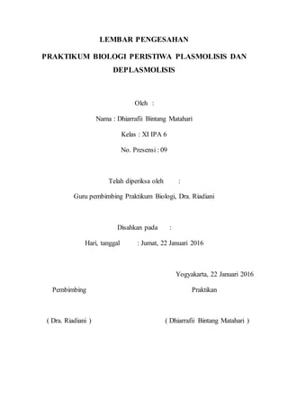 Laporan Resmi Praktikum Biologi Peristiwa Plamolisis dan Deplasmolisis | DOCX