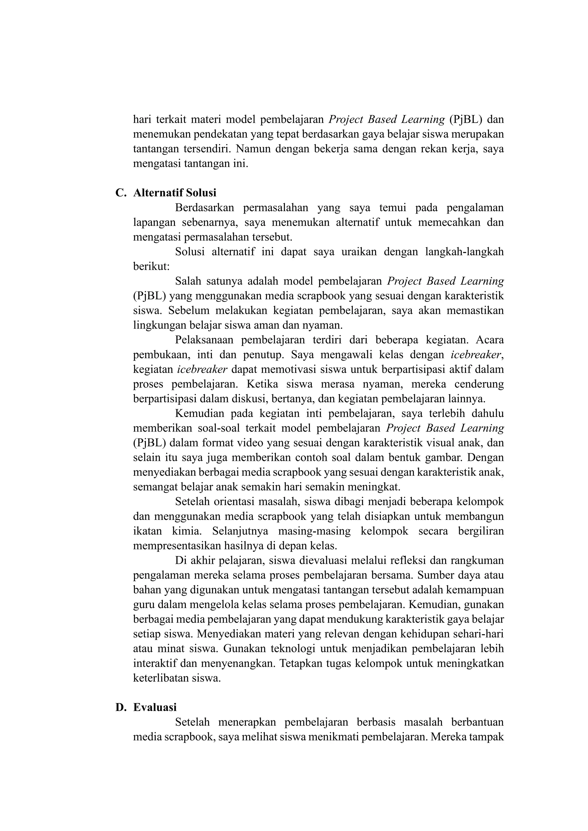 LAPORAN STUDI KASUS PENERAPAN MODEL PEMBELAJARAN PROJECT BASED LEARNING ...