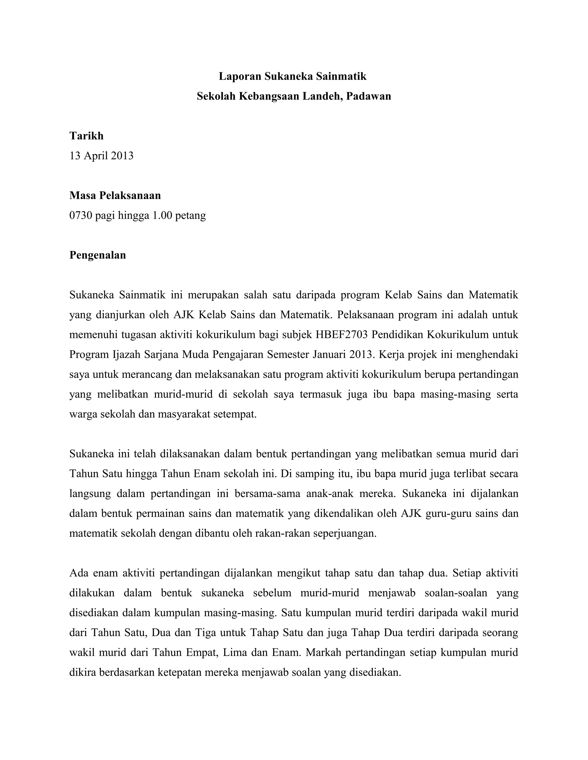 Laporan sukaneka sainmatik 2013 | DOC